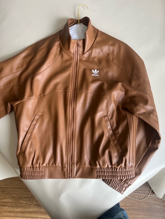 adidas | Jackets & Coats | Adidas Brown Faux Leather Jacket With White ...